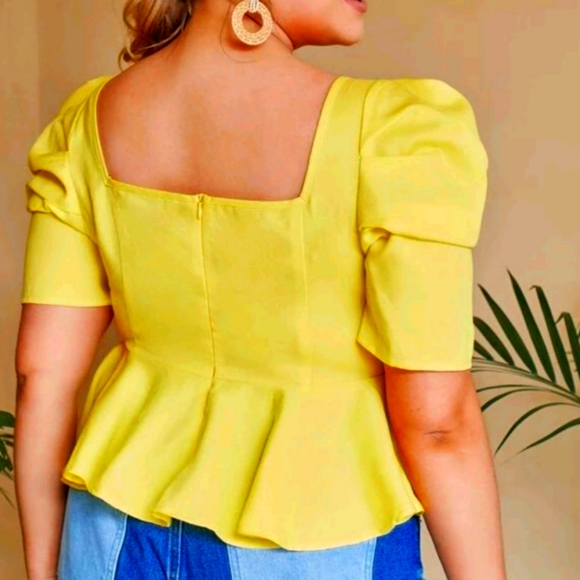 SHEIN | Tops | Yellow Piff Sleeve Peplum Top | Poshmark